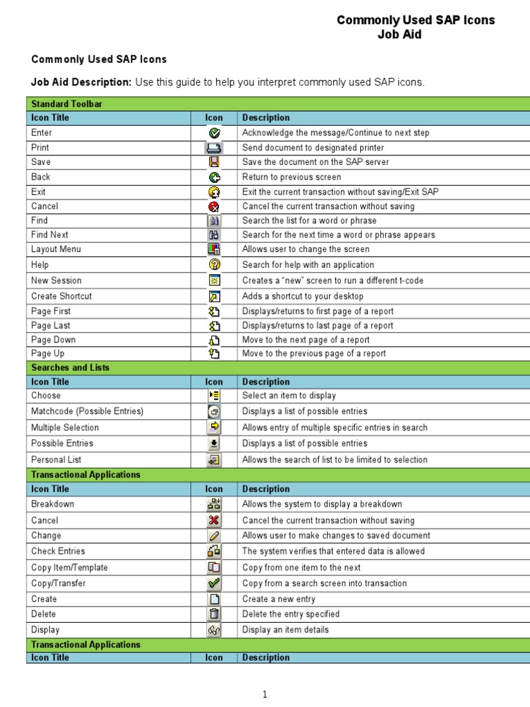Commonly Used SAP Icons Job Aid | PDF | Icon (Computing) | Computer Data