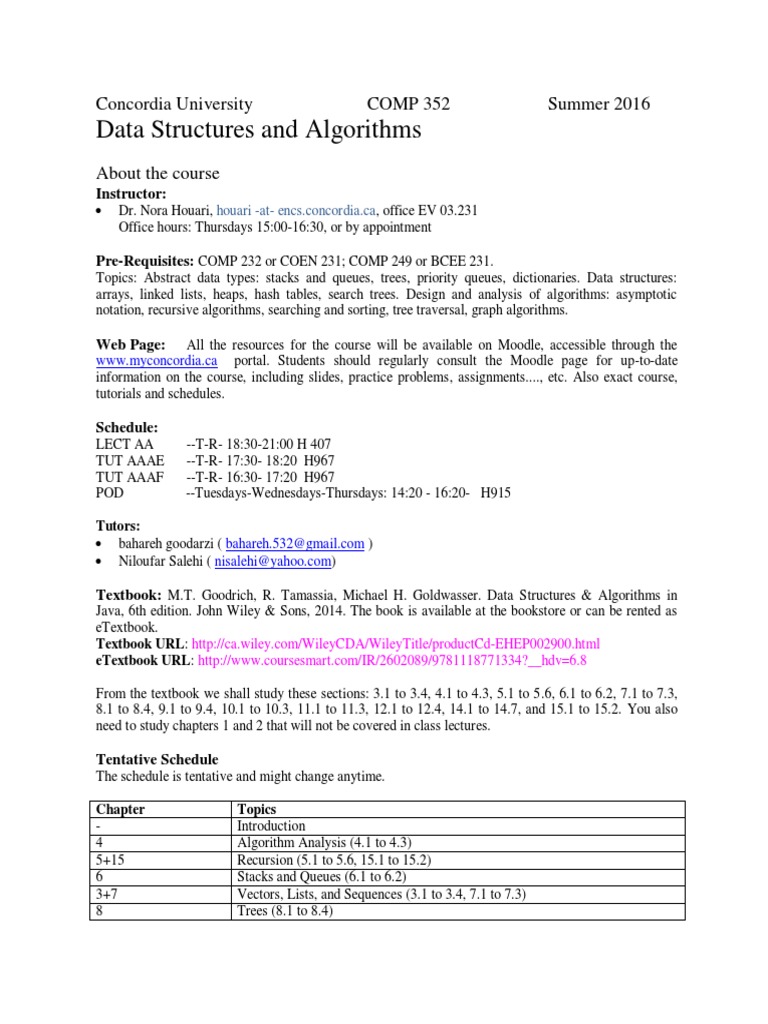 Course Outline COMP352 - S2016 | PDF | Engineering | Computer Science
