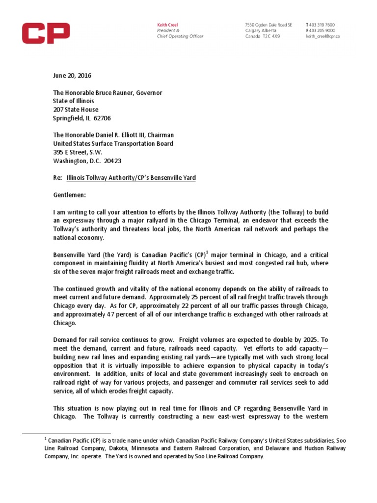 Canadian Pacific Railroad Letter RE Bensenville Yard | PDF | Illinois ...