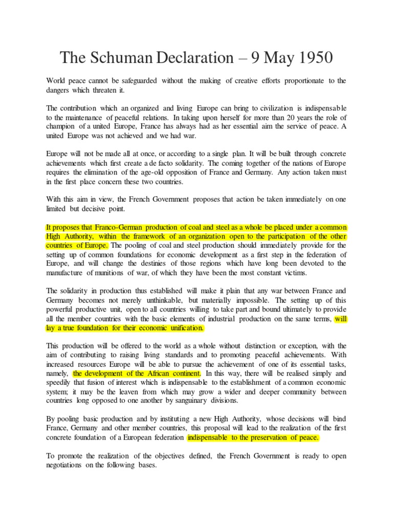 Schuman Declaration: 9 May 1950 | PDF | Economies | Government