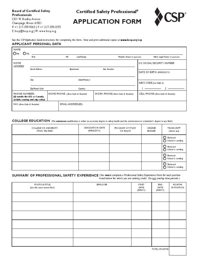 BCSP CSP Application Form | PDF
