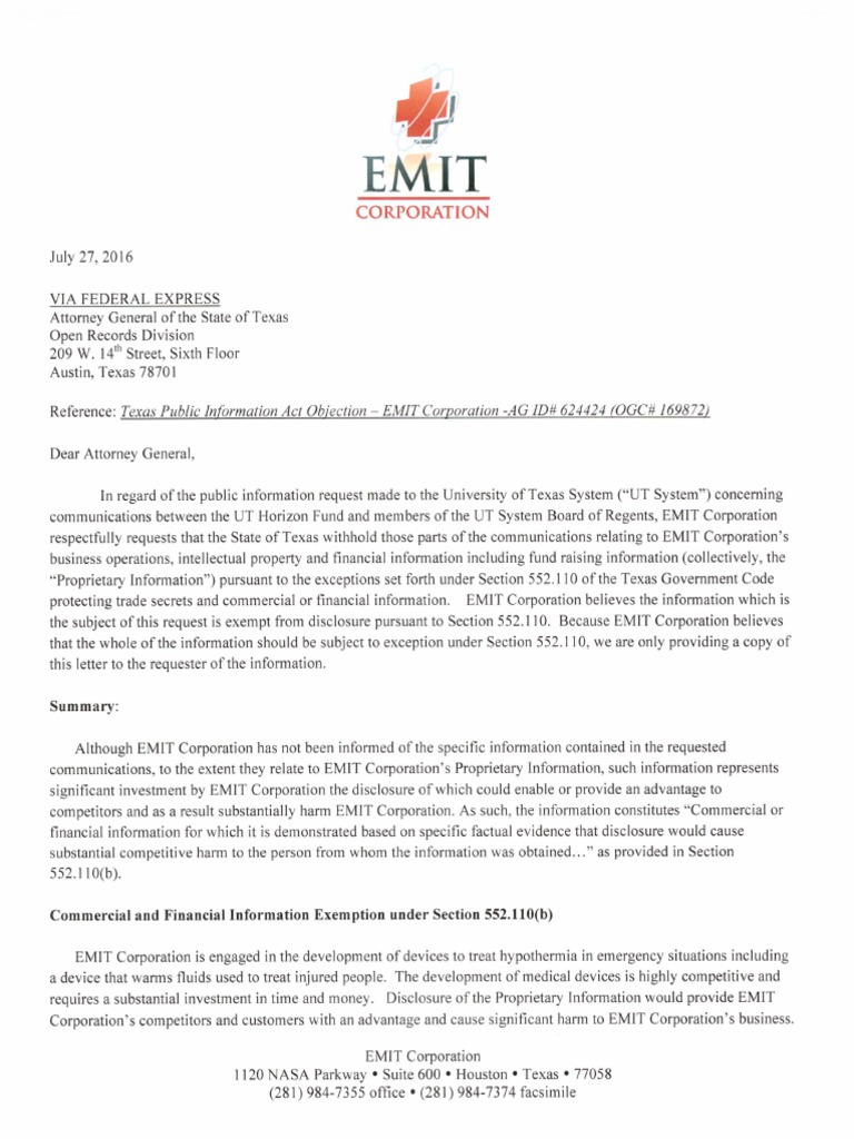 Texas Public Information Act Request Response - EMIT Corporation - July ...