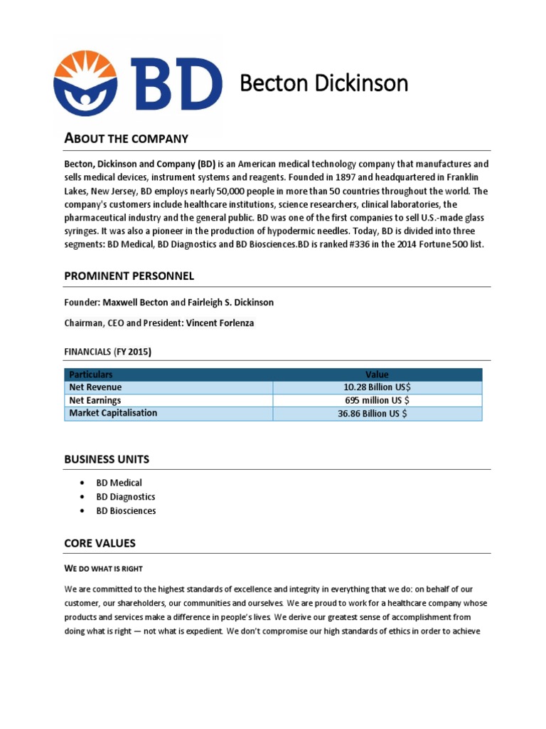 Becton Dickinson: Bout The Company | PDF | Medicine | Health Care