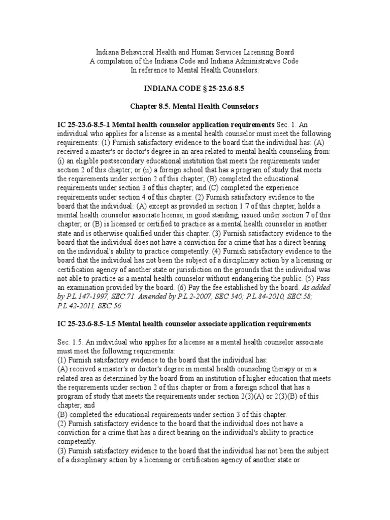 Indiana State Laws - Mental Health Counselors | PDF | Mental Health ...