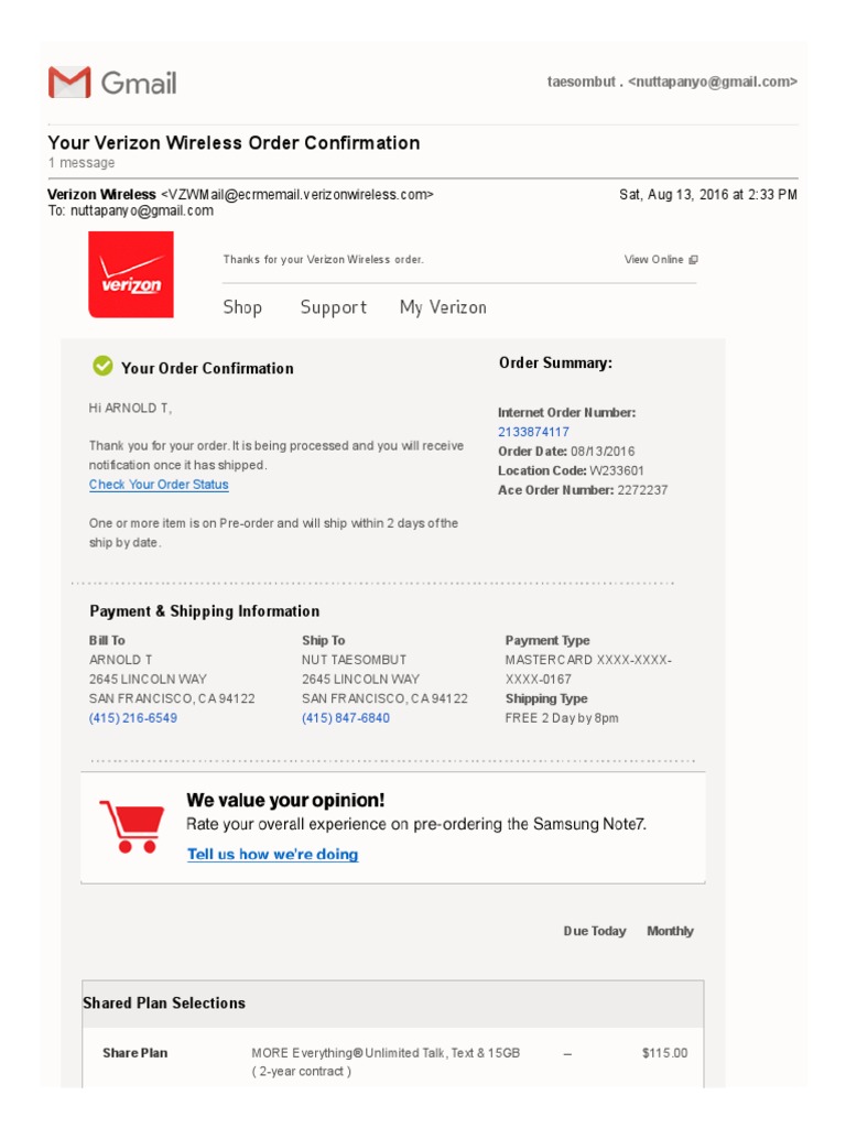 Gmail - Your Verizon Wireless Order Confirmation | Usb | Fee
