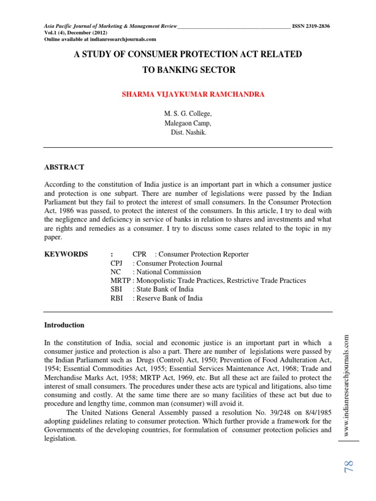 A Study of Consumer Protection Act Related Related To Banking Sector ...