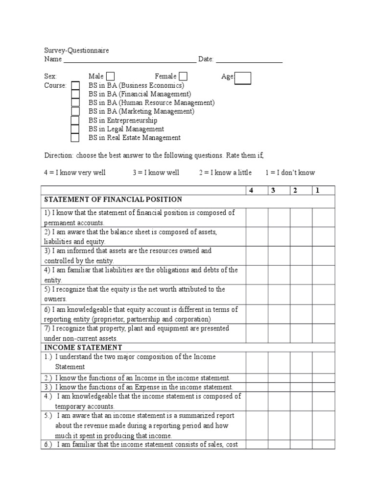Survey Questionnaire Edited | Balance Sheet | Income Statement