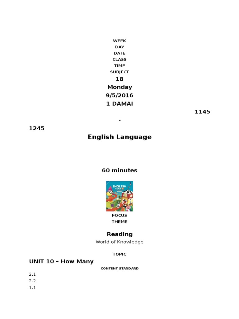 18 Monday 9/5/2016 1 Damai 1145 1245: English Language | PDF