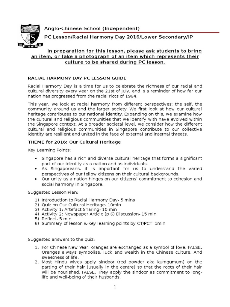 Racial Harmony Day PC Lesson Guide | PDF | Singapore | World Politics