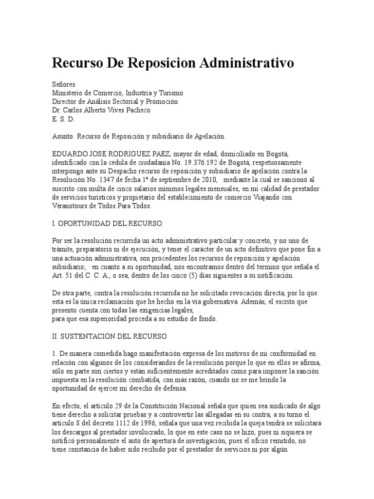MODELO Recurso de Reposicion Administrativo | PDF | Apelación interlocutoria | Turismo