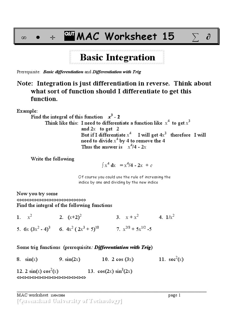 MAC Worksheet 15 Basic Integration: Prerequisite: Basic Differentiation ...