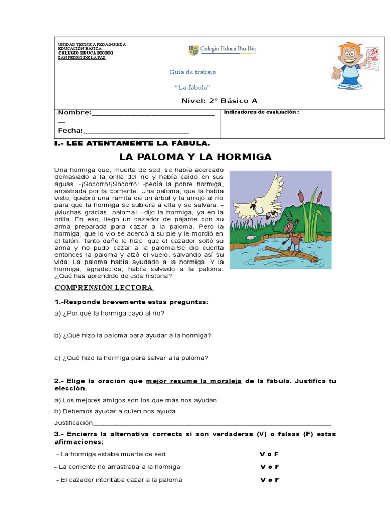 Fábula: La Paloma y la Hormiga | PDF | Hormiga