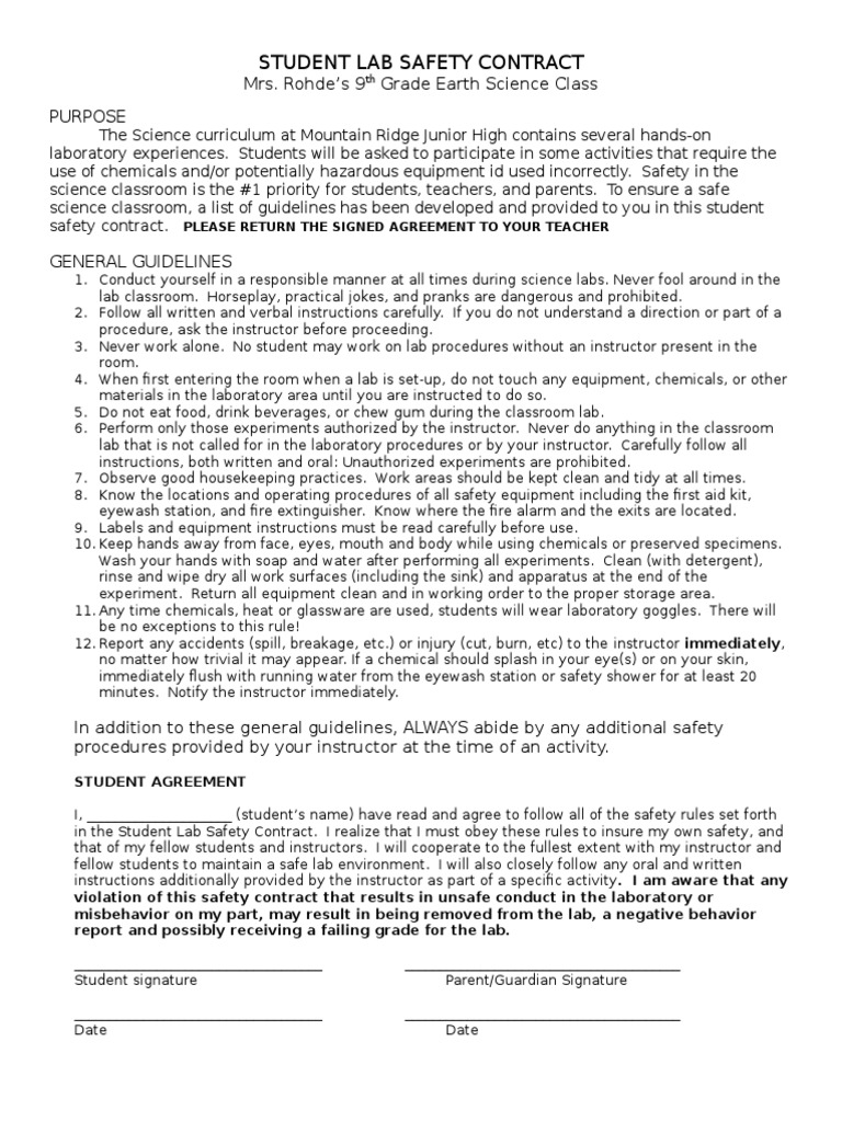 Student Lab Safety Contract: Mrs. Rohde's 9 Grade Earth Science Class ...