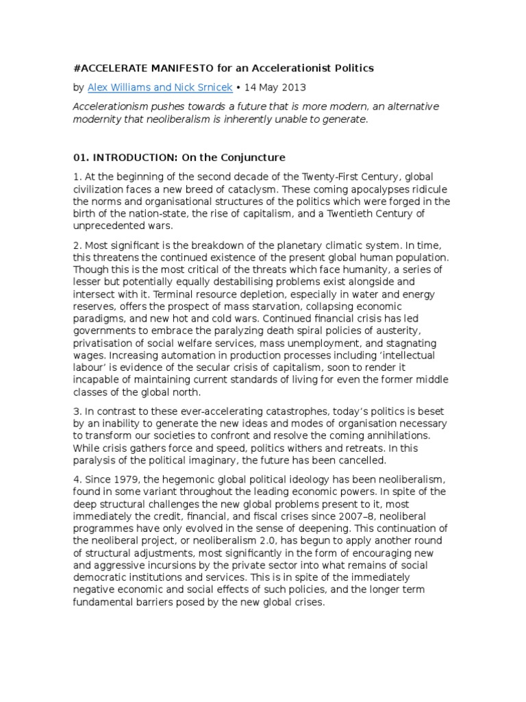 ACCELERATE MANIFESTO for an Accelerationist Politics | Neoliberalism ...