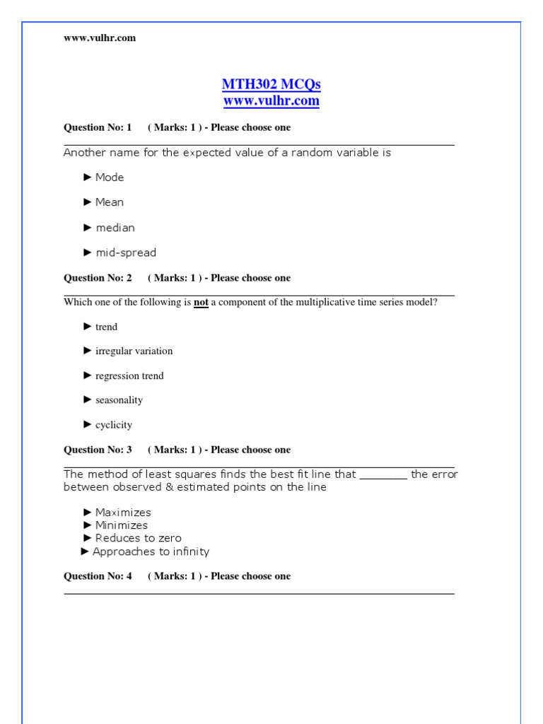 Mth302 Mcqs Pdf Correlation And Dependence Linear Regression