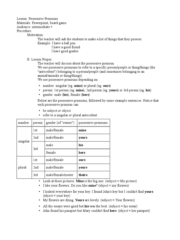 ESL/EFL Lesson Plan: Possessive Pronoun | PDF | Pronoun | Grammatical ...