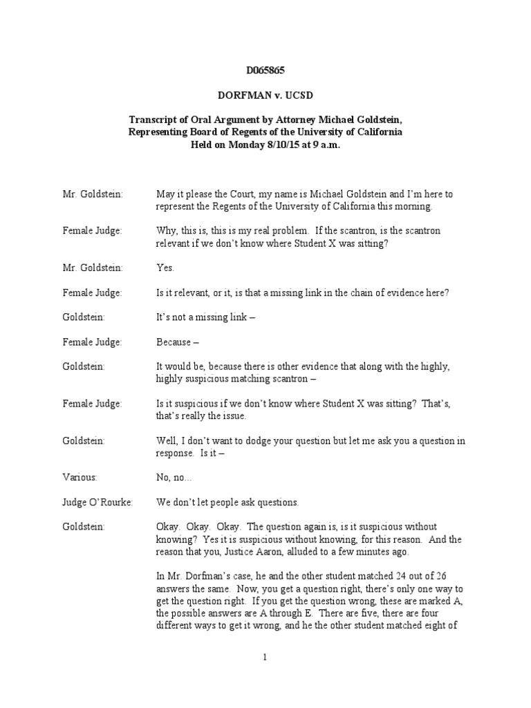 Hearing Transcript of Dorfman v. UCSD - California Court of Appeal ...