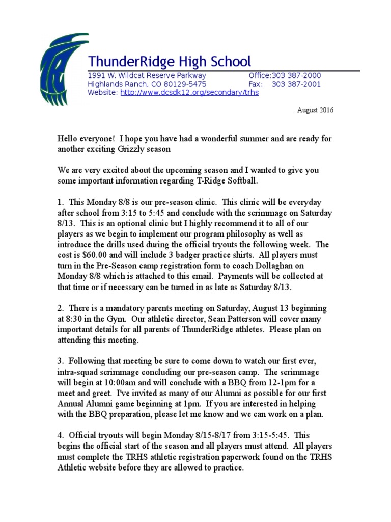 2016 Summer Program Letter | PDF | Sports | Leisure