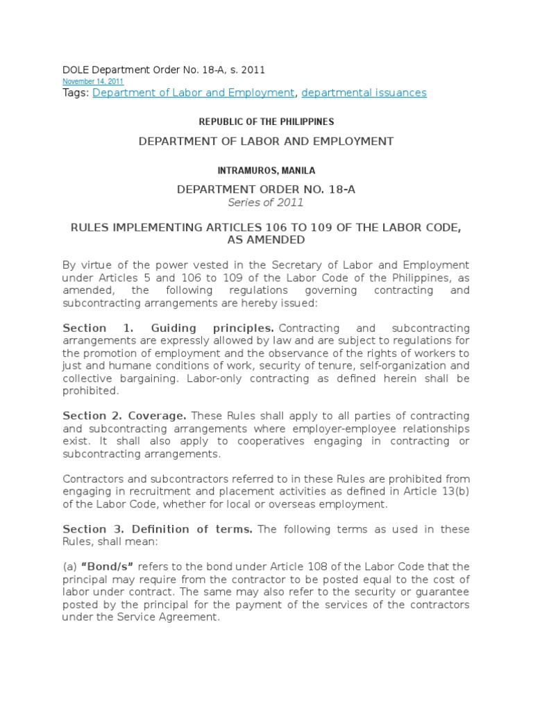 DOLE Department Order No 18 A | PDF | Independent Contractor | Employment