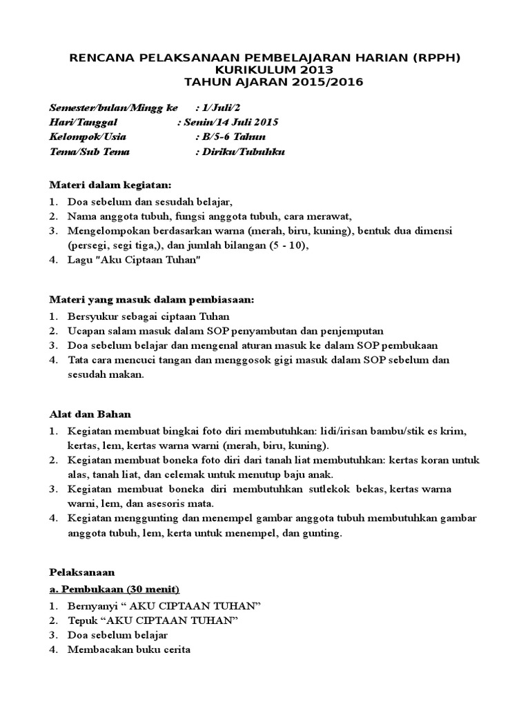 RPPH Tema Diriku Usia 5-6 Tahun | PDF