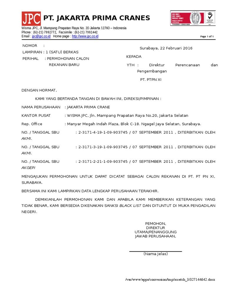 Surat Rekanan PTPN XI | PDF