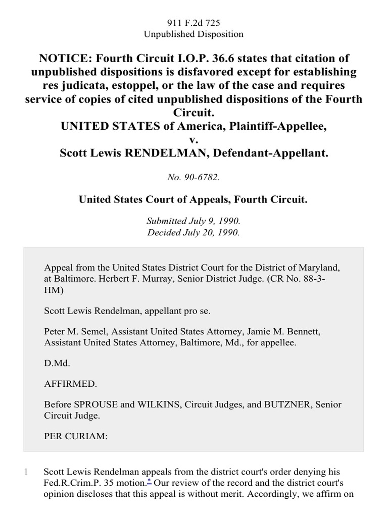 Rendelman Appeal Affirmed in Fourth Circuit | PDF | Politics | Sports ...