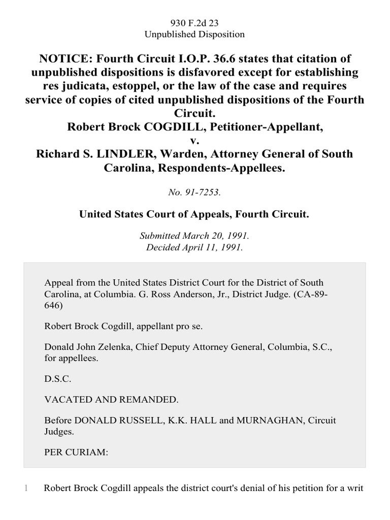 Robert Brock Cogdill v. Richard S. Lindler, Warden, Attorney General of ...