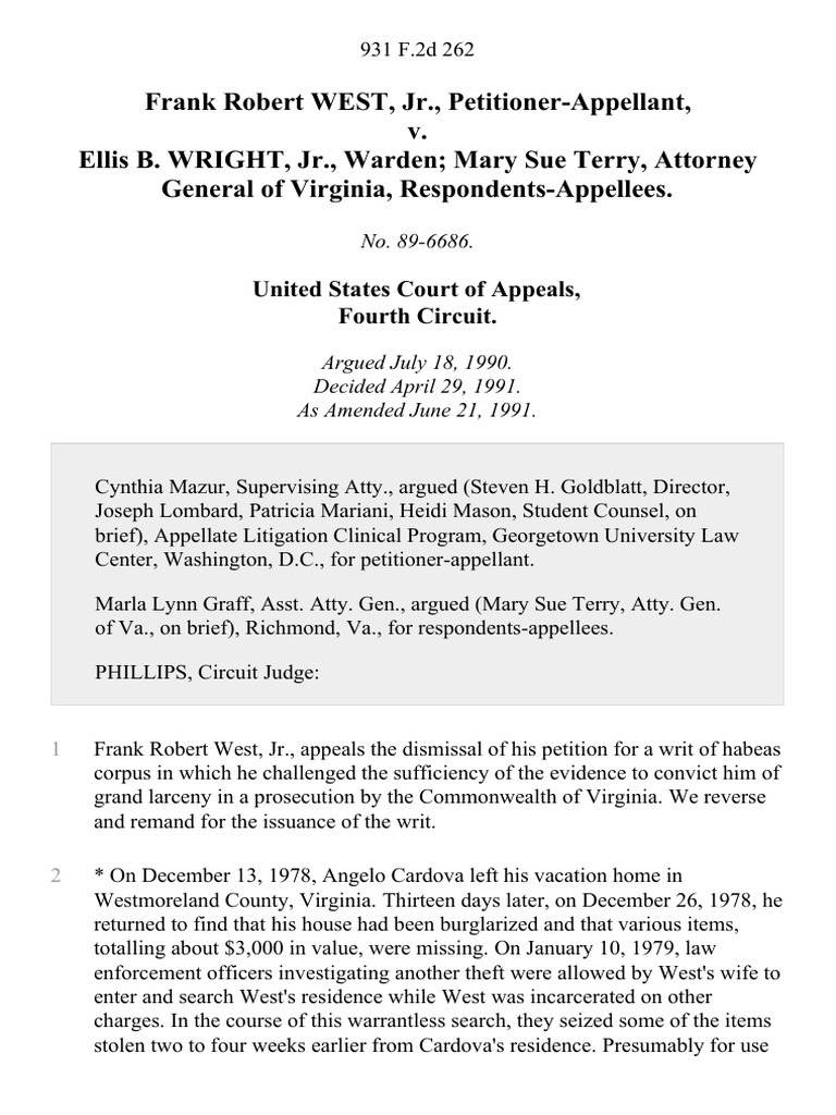 Habeas Corpus Appeal: West v. Wright | PDF | Evidence | Burden Of Proof ...
