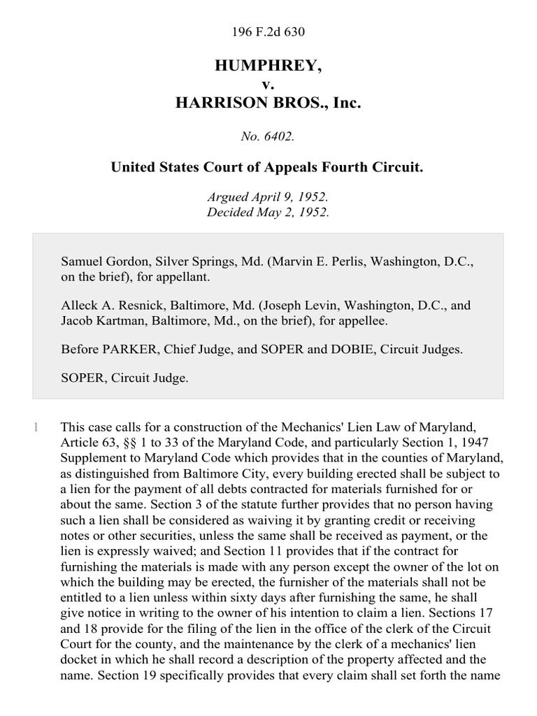 Humphrey v. Harrison Bros., Inc, 196 F.2d 630, 4th Cir. (1952) | PDF ...