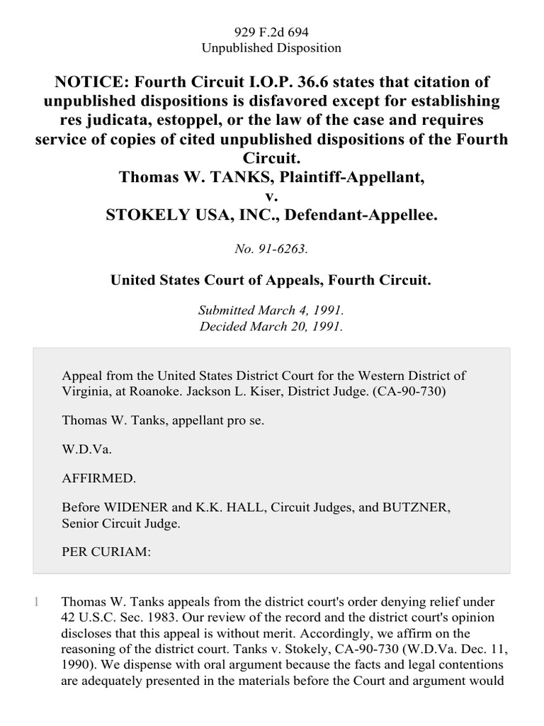Thomas W. Tanks v. Stokely Usa, Inc., 929 F.2d 694, 4th Cir. (1991) | PDF