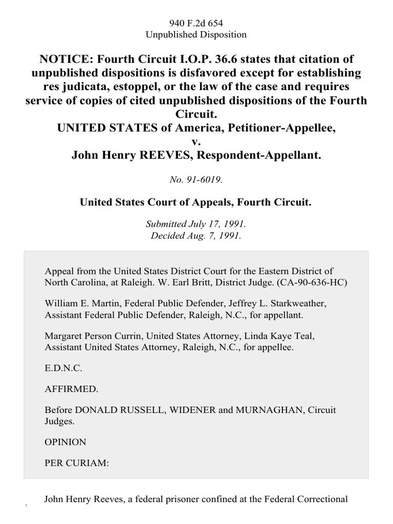 United States v. John Henry Reeves, 940 F.2d 654, 4th Cir. (1991) | PDF