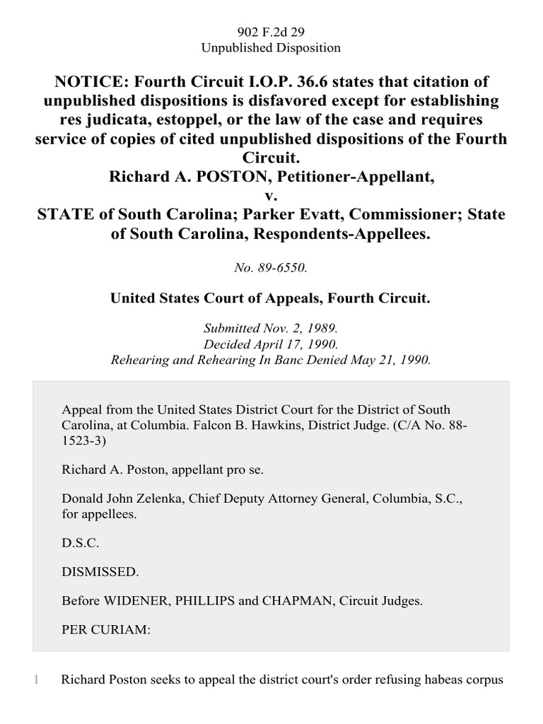 Richard A. Poston v. State of South Carolina Parker Evatt, Commissioner ...