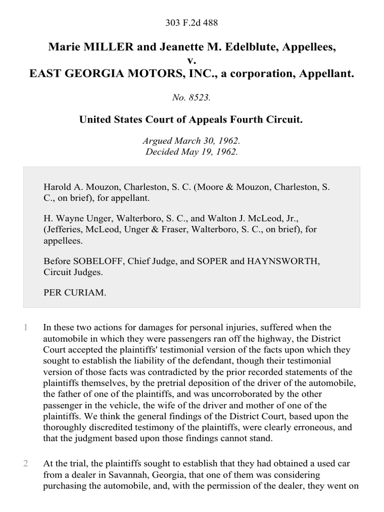 Marie Miller and Jeanette M. Edelblute v. East Georgia Motors, Inc., A ...