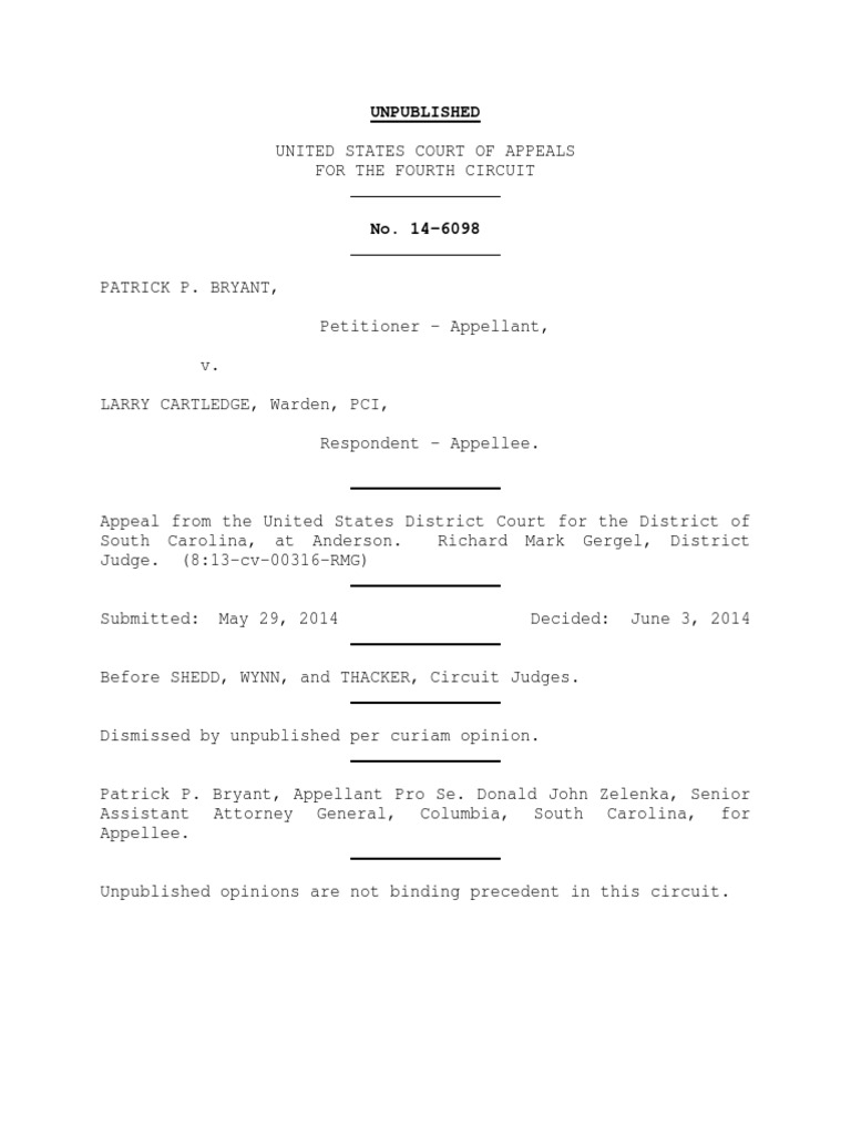 Patrick Bryant v. Larry Cartledge, 4th Cir. (2014) | PDF