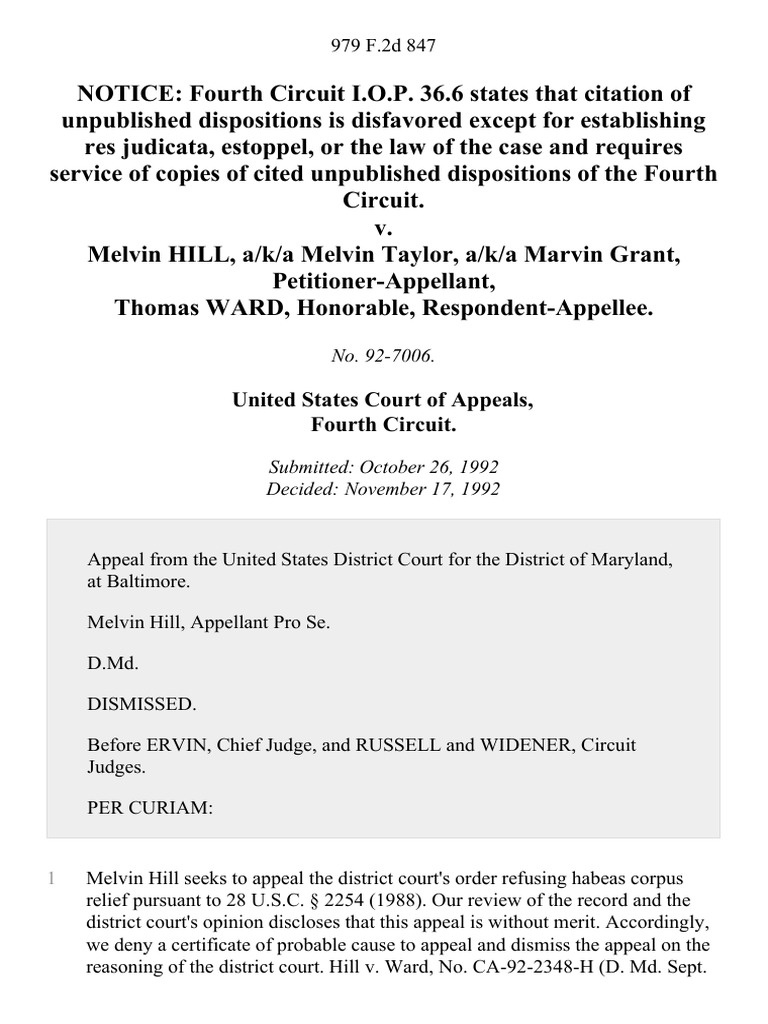 V. Melvin Hill, A/K/A Melvin Taylor, A/K/A Marvin Grant, Thomas Ward ...