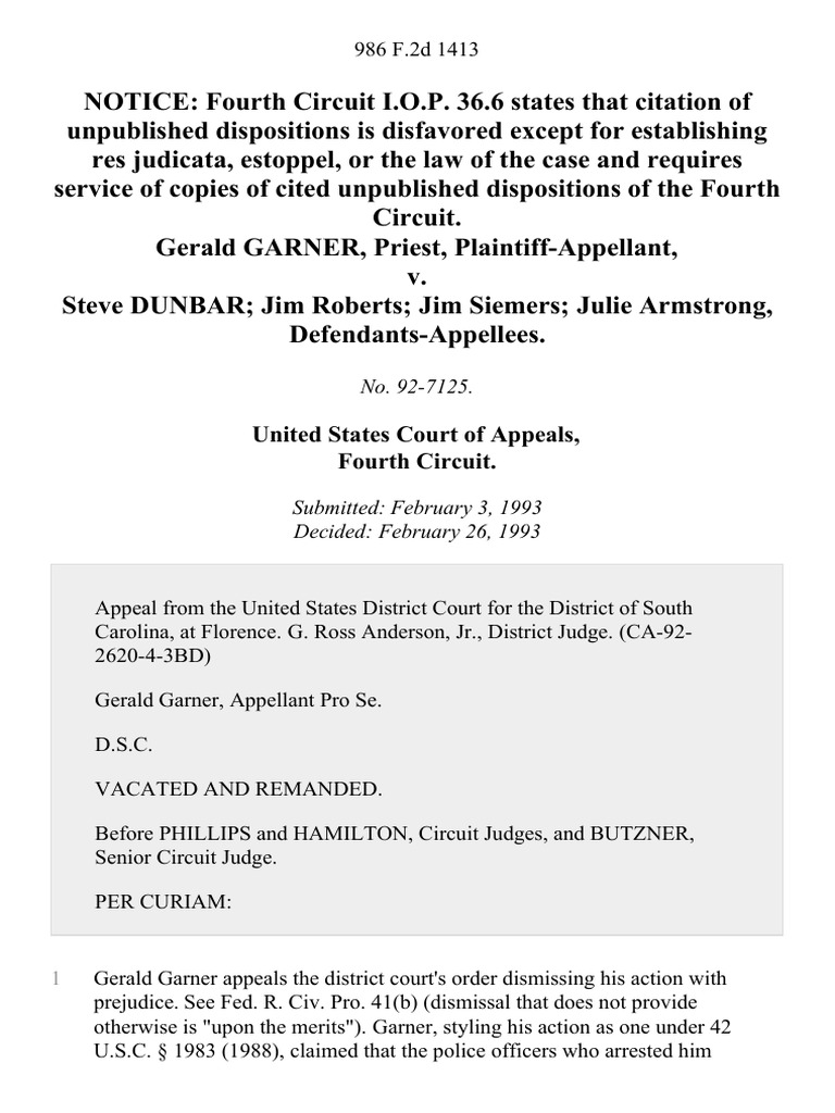 Gerald Garner, Priest v. Steve Dunbar Jim Roberts Jim Siemers Julie ...