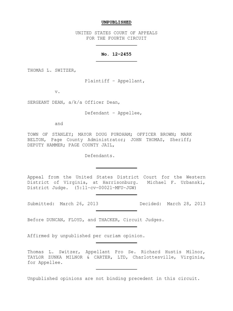 Thomas Switzer v. Sergeant Dean, 4th Cir. (2013) | PDF | Politics ...