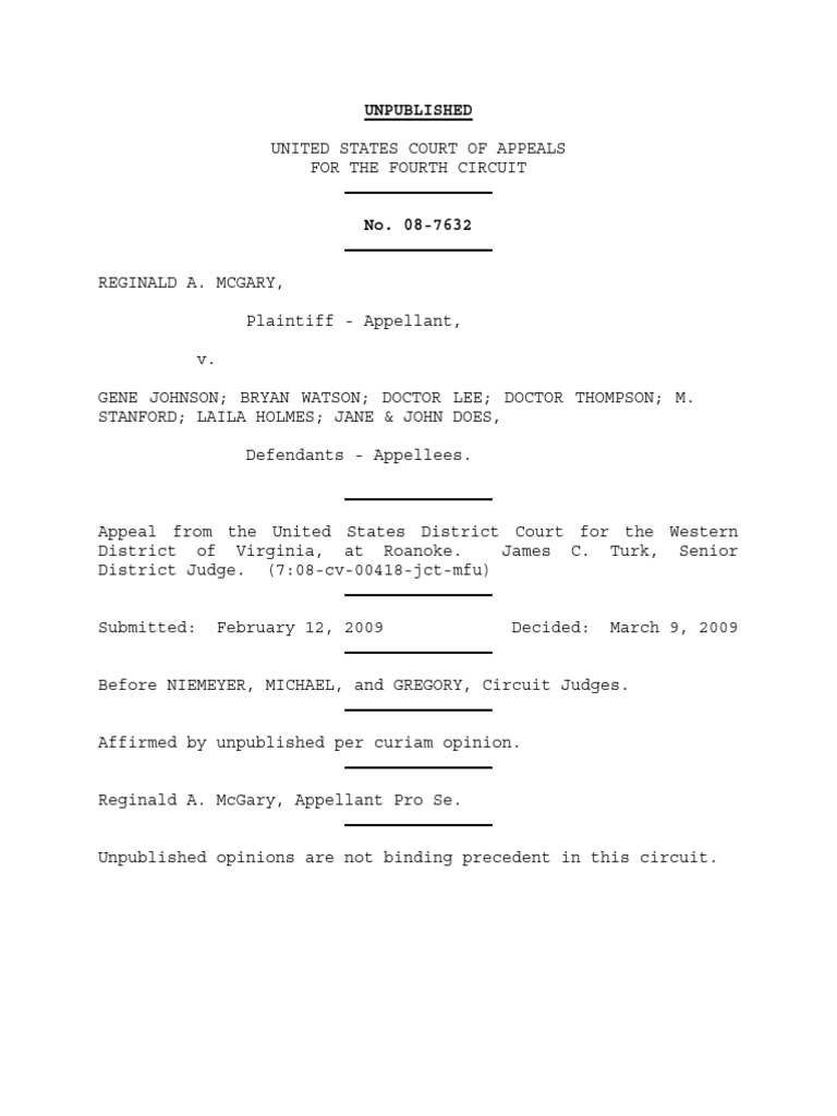 McGary v. Johnson, 4th Cir. (2009) | PDF | Social Science | Law