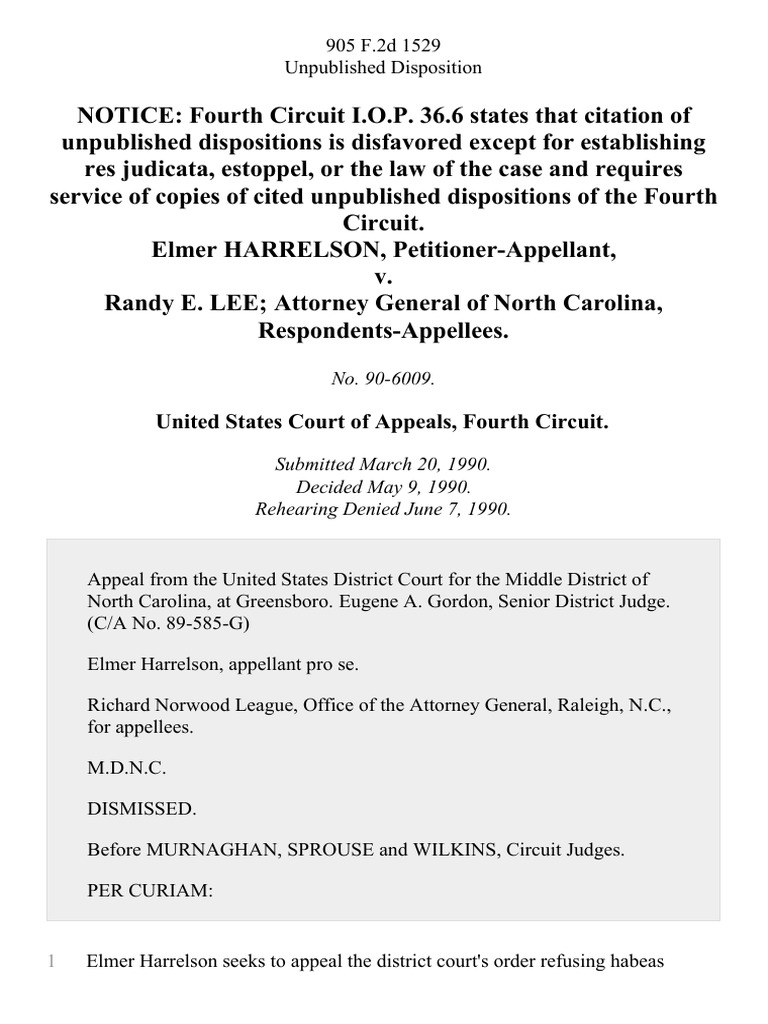 Elmer Harrelson v. Randy E. Lee Attorney General of North Carolina, 905 ...