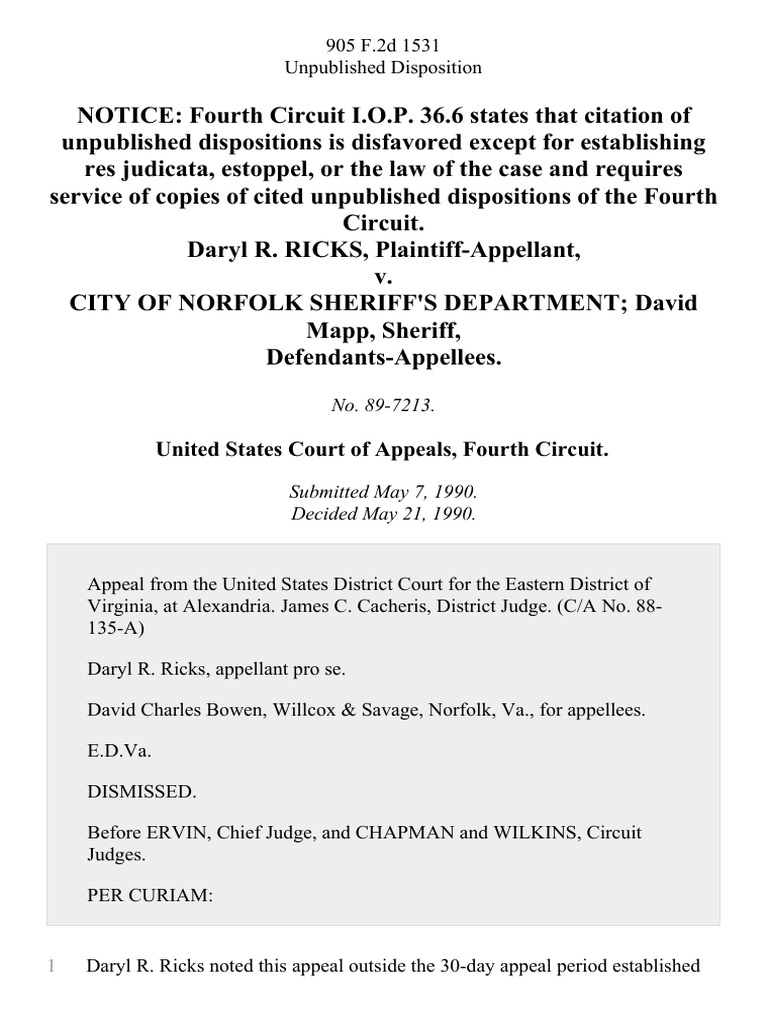 Daryl R. Ricks v. City of Norfolk Sheriff's Department David Mapp ...
