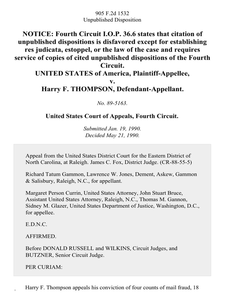 Fourth Circuit Ruling on Thompson Appeal | PDF | Law