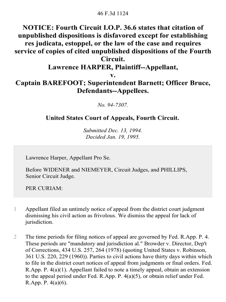 Lawrence Harper v. Captain Barefoot Superintendent Barnett Officer Bruce, 46 F.3d 1124, 4th Cir ...