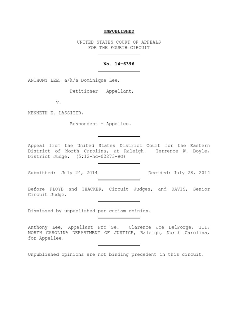 Anthony Lee v. Kenneth Lassiter, 4th Cir. (2014) | PDF