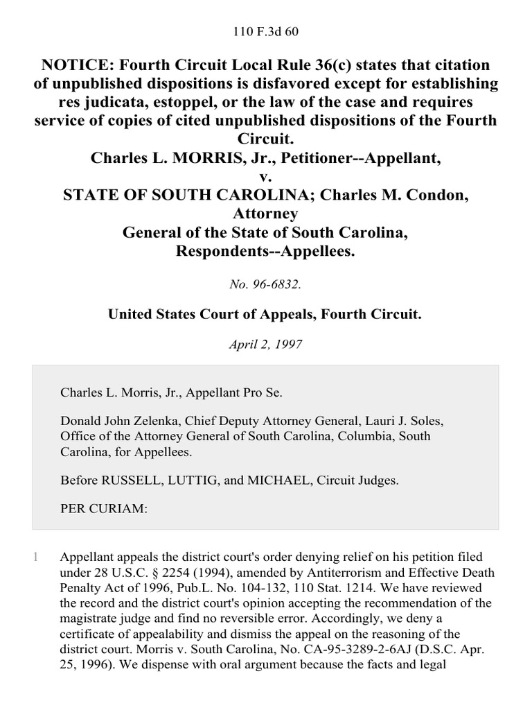 Charles L. Morris, Jr. v. State of South Carolina Charles M. Condon ...
