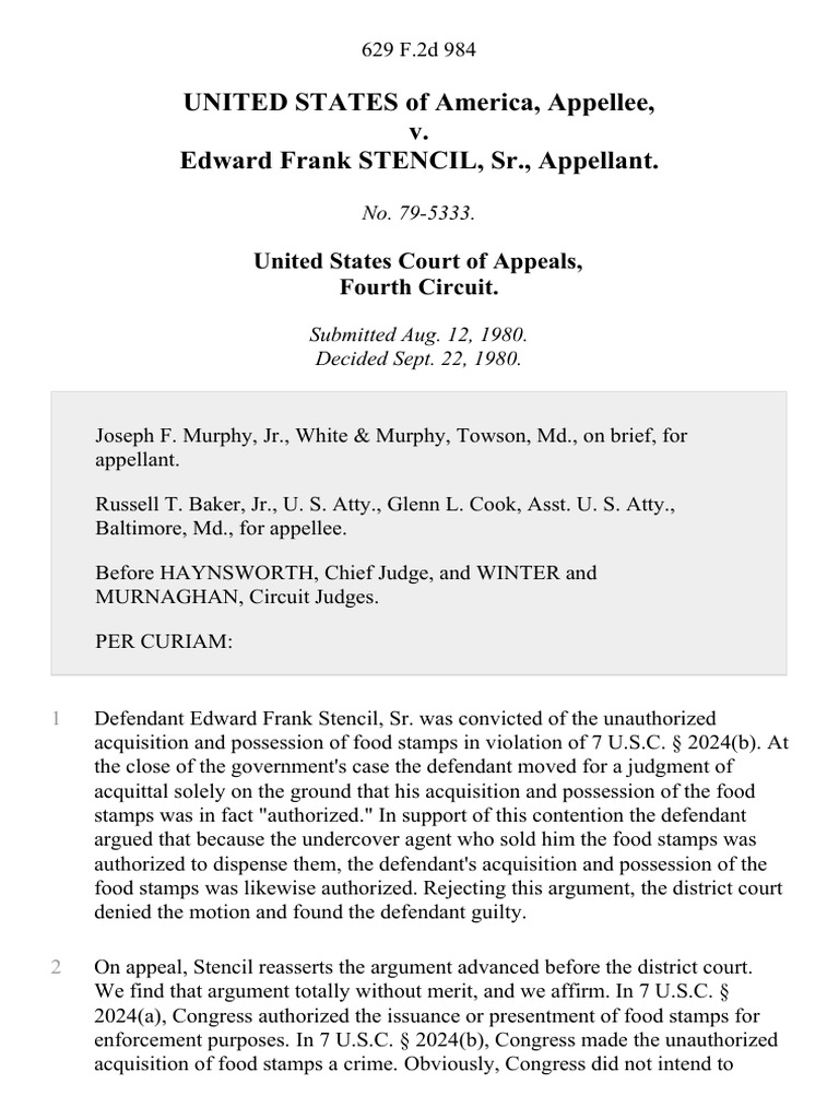 United States v. Edward Frank Stencil, SR., 629 F.2d 984, 4th Cir ...