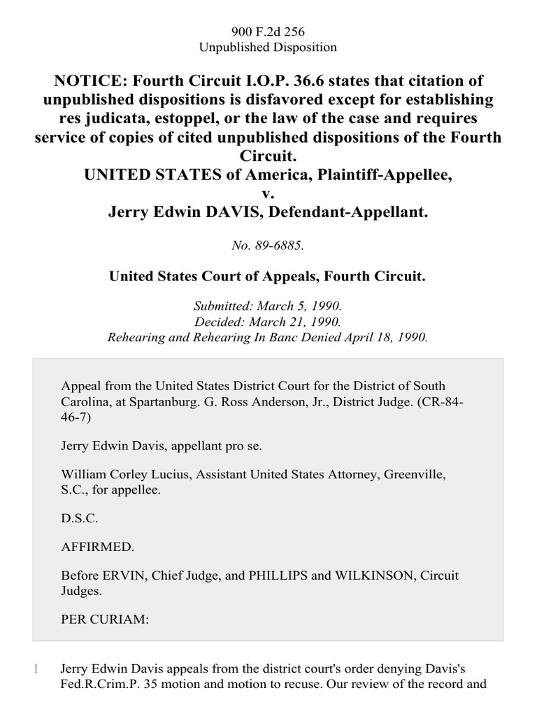 United States v. Jerry Edwin Davis, 900 F.2d 256, 4th Cir. (1990) | PDF ...