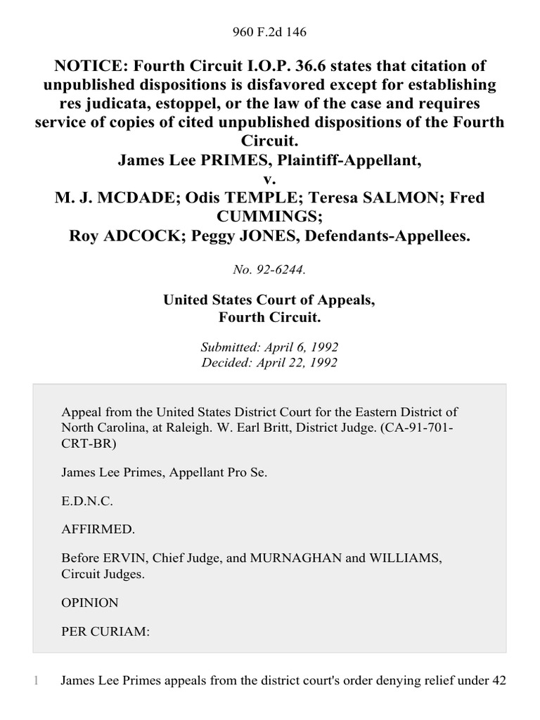 James Lee Primes v. M. J. McDade Odis Temple Teresa Salmon Fred ...