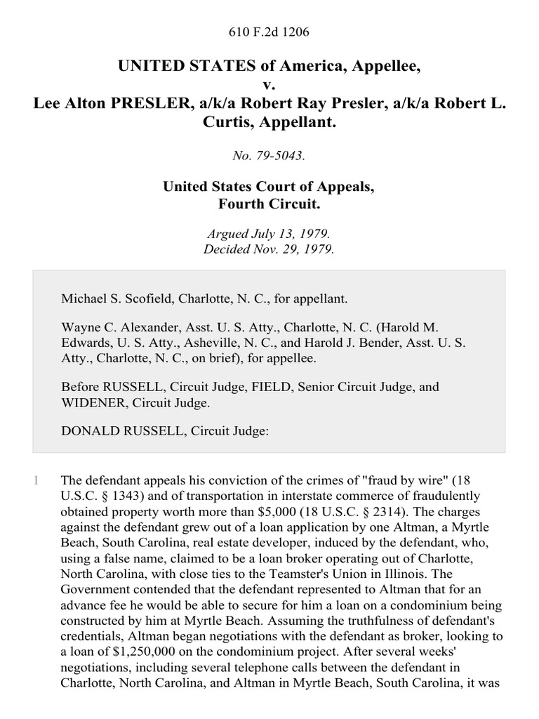 United States v. Lee Alton Presler, A/K/A Robert Ray Presler, A/K/A ...