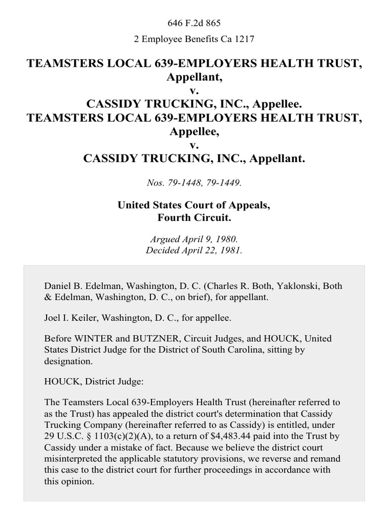 Teamsters Local 639-Employers Health Trust v. Cassidy Trucking, Inc ...