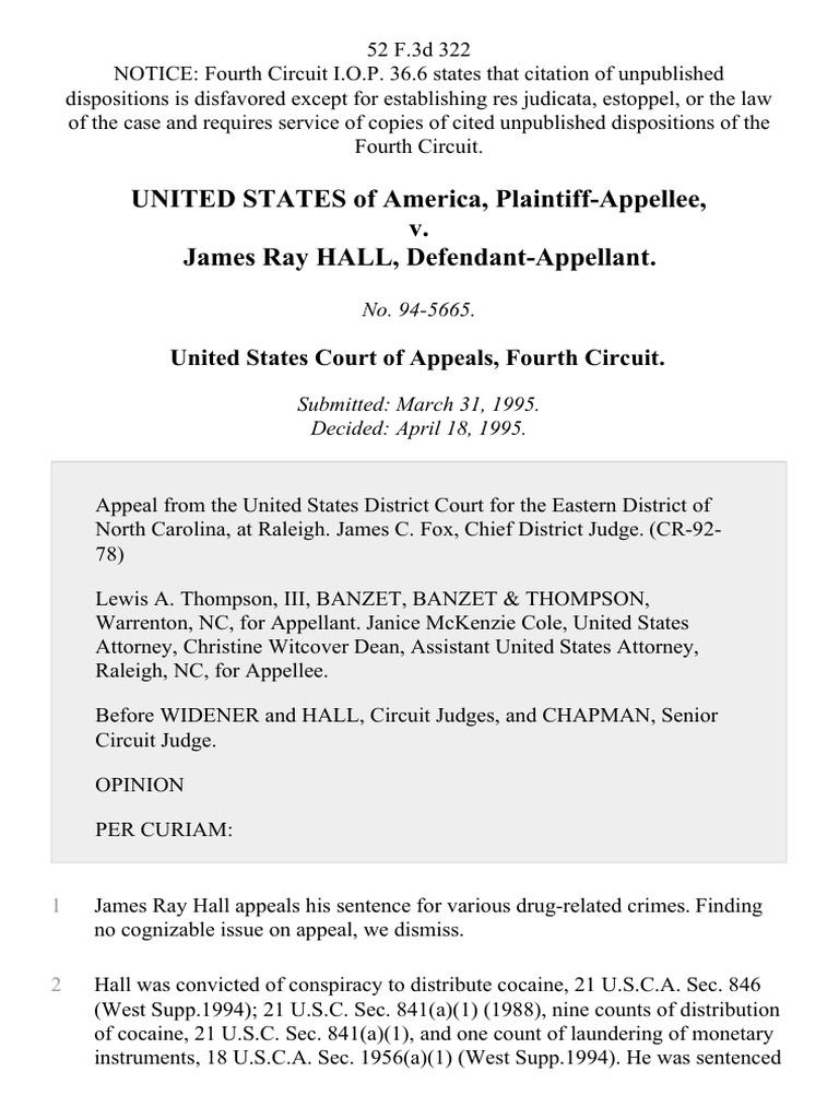 United States v. James Ray Hall, 52 F.3d 322, 4th Cir. (1995) | PDF ...